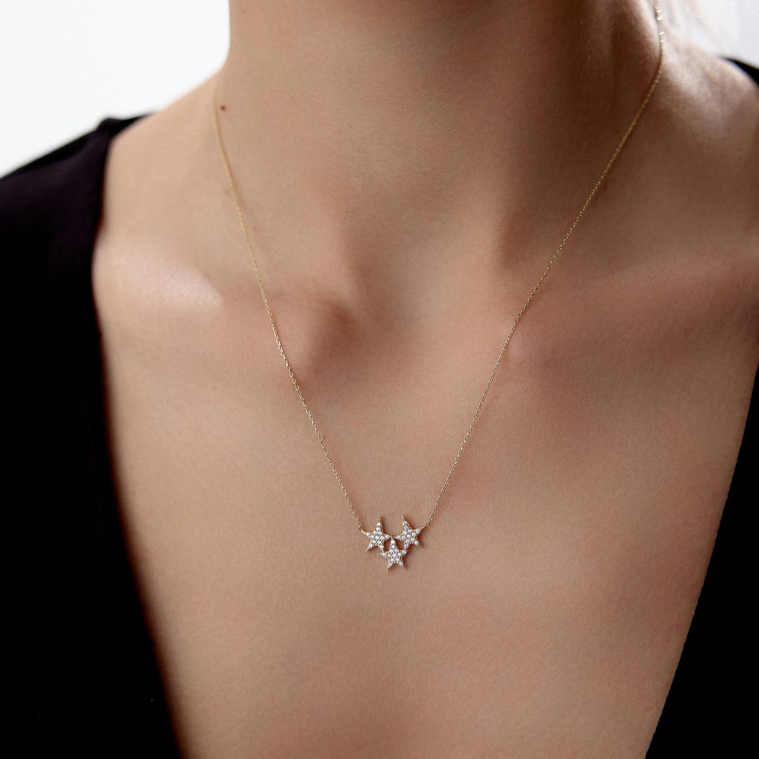 14K Solid Gold Three Star Necklace, Dainty Star Necklace, Triple Star ...