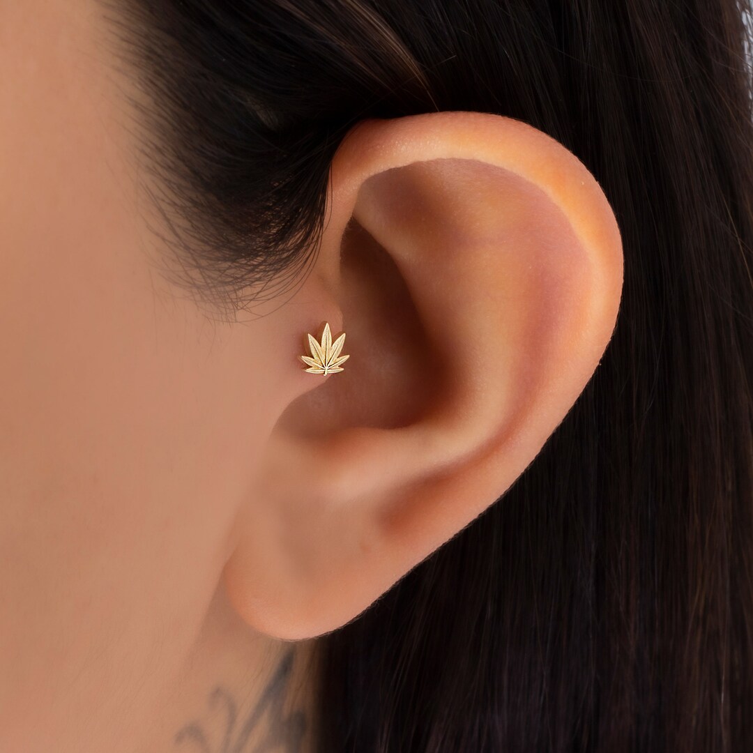 14K Solid Gold Leaf Piercing, Cartiledge Piercing, Delicate Leaf Figure ...