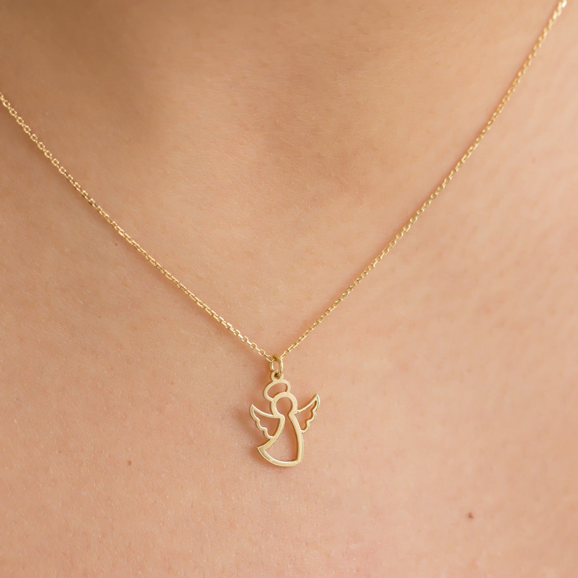 14K Yellow Gold Angel Necklace Gold Angel Pendant Good Luck - Etsy