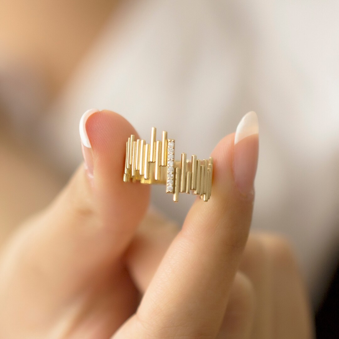14K Solid Gold Piano Ring, Cubic Zirconia Zigzag Ring, Dainty Pulse ...