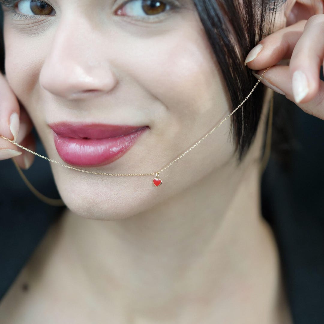 14k Solid Gold Preppy Heart Necklace, Minimalist Heart Necklace, Red ...
