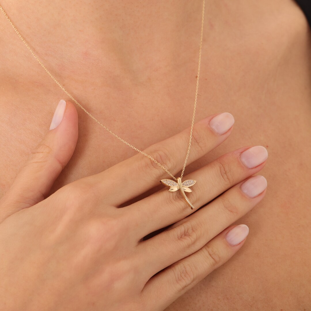 Dragonfly Necklace, Dragonfly Charm, 14K Solid Gold, Dragonfly Pendant ...