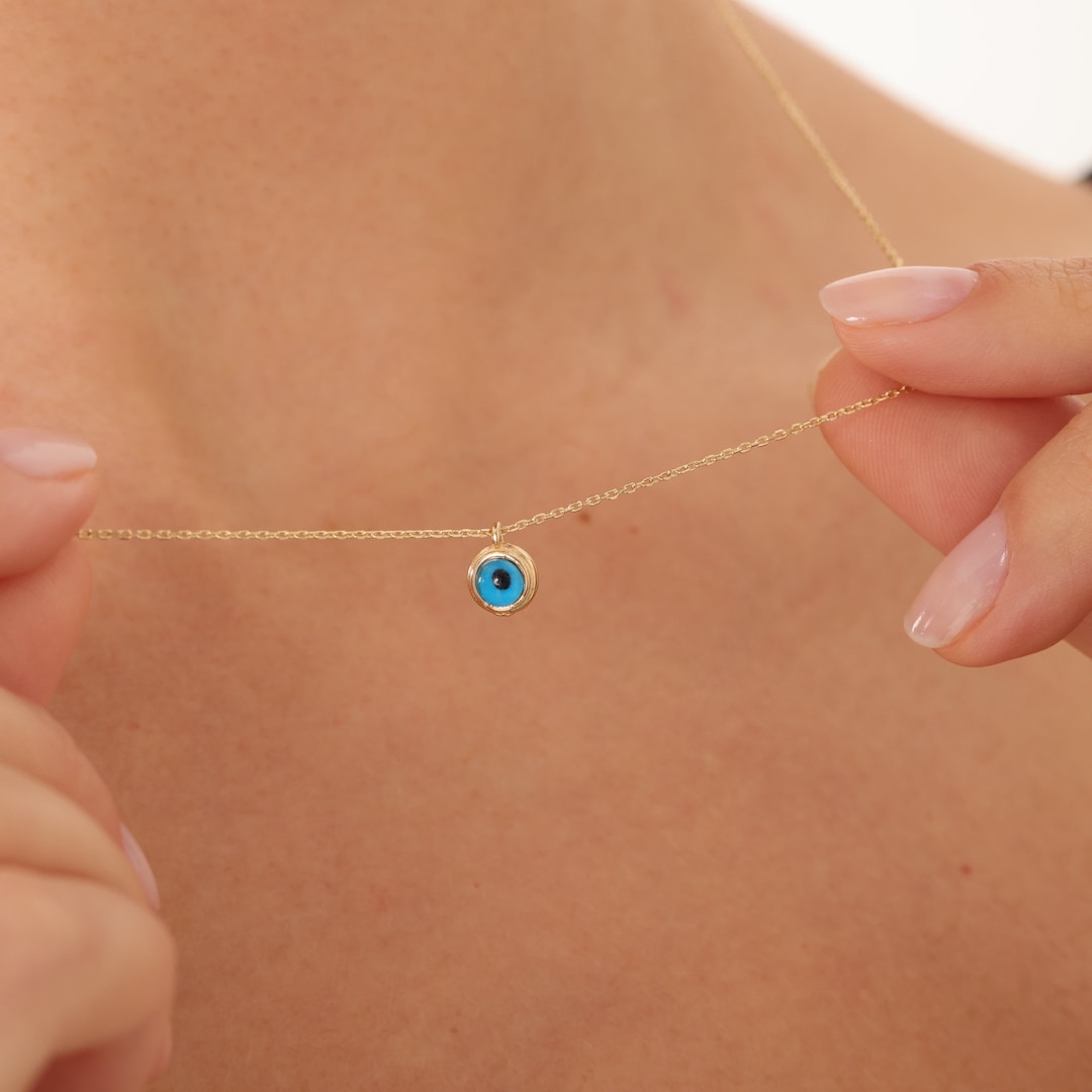 Gold Nazar Necklace, 14k Solid Gold Evil Eye Necklace, 14k Gold Nazar Charm Pendant, 14k Solid ...