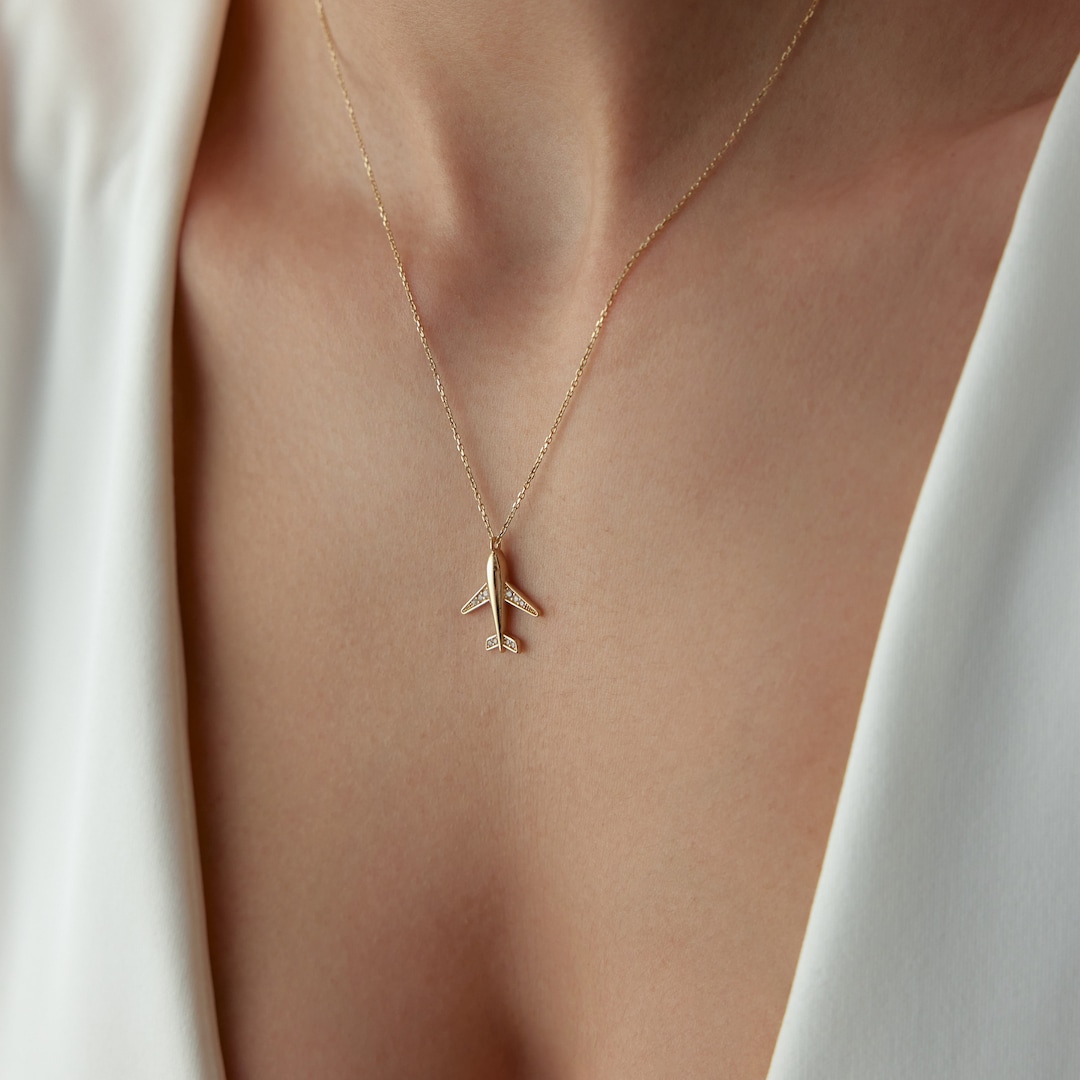 Gold Airplane Necklace, Solid Gold Plane Pendant, 14k Gold Plane ...