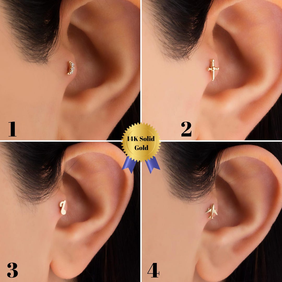 14k Gold Moon Piercing, Gold Sword Piercing, Gold Plane Piercing, Gold ...