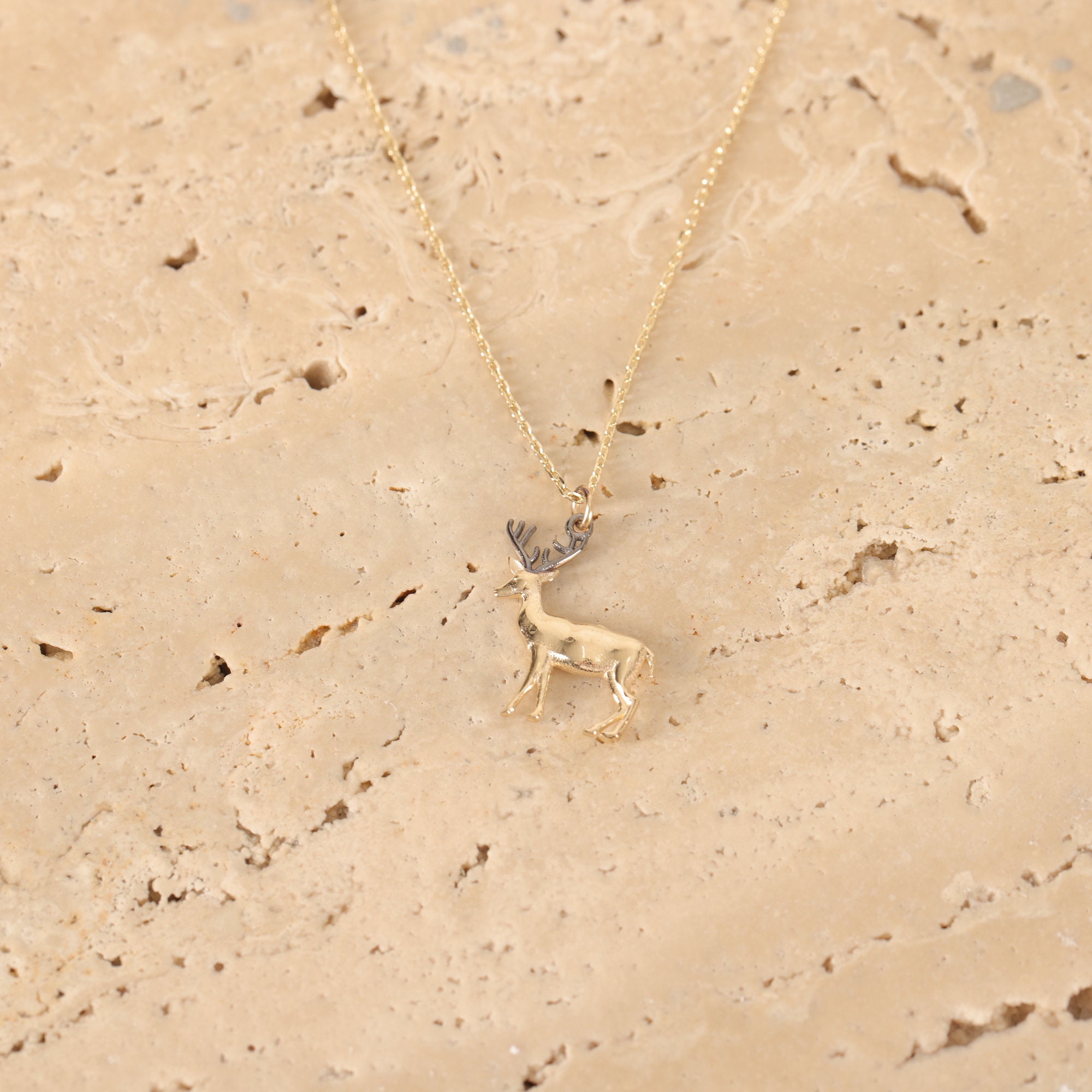 14K Gold Deer Necklace, Real Gold Chain Deer Necklace, Animal Lover ...