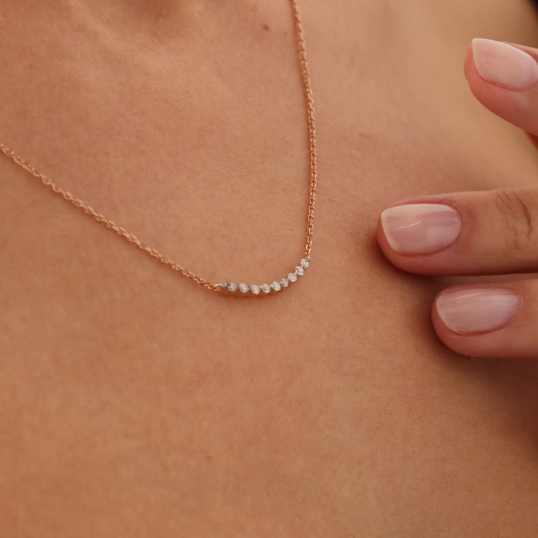 Curved Dazzling Diamond Bar Necklace, 14k Curved Bar Pendant, 18k White ...