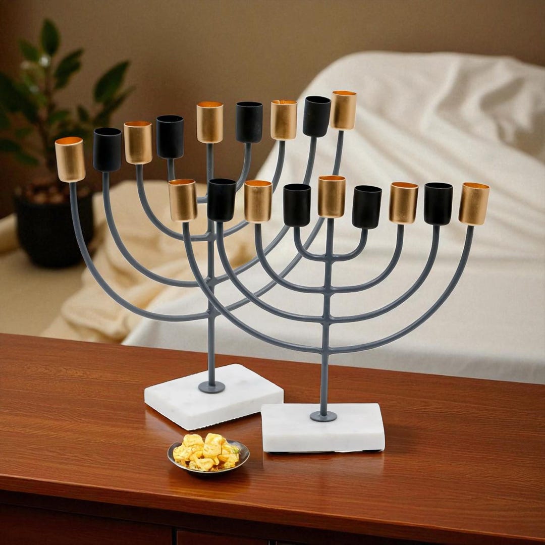 White Marble Menorah With Black & Gold Accents: Modern Judaica Gift - Etsy