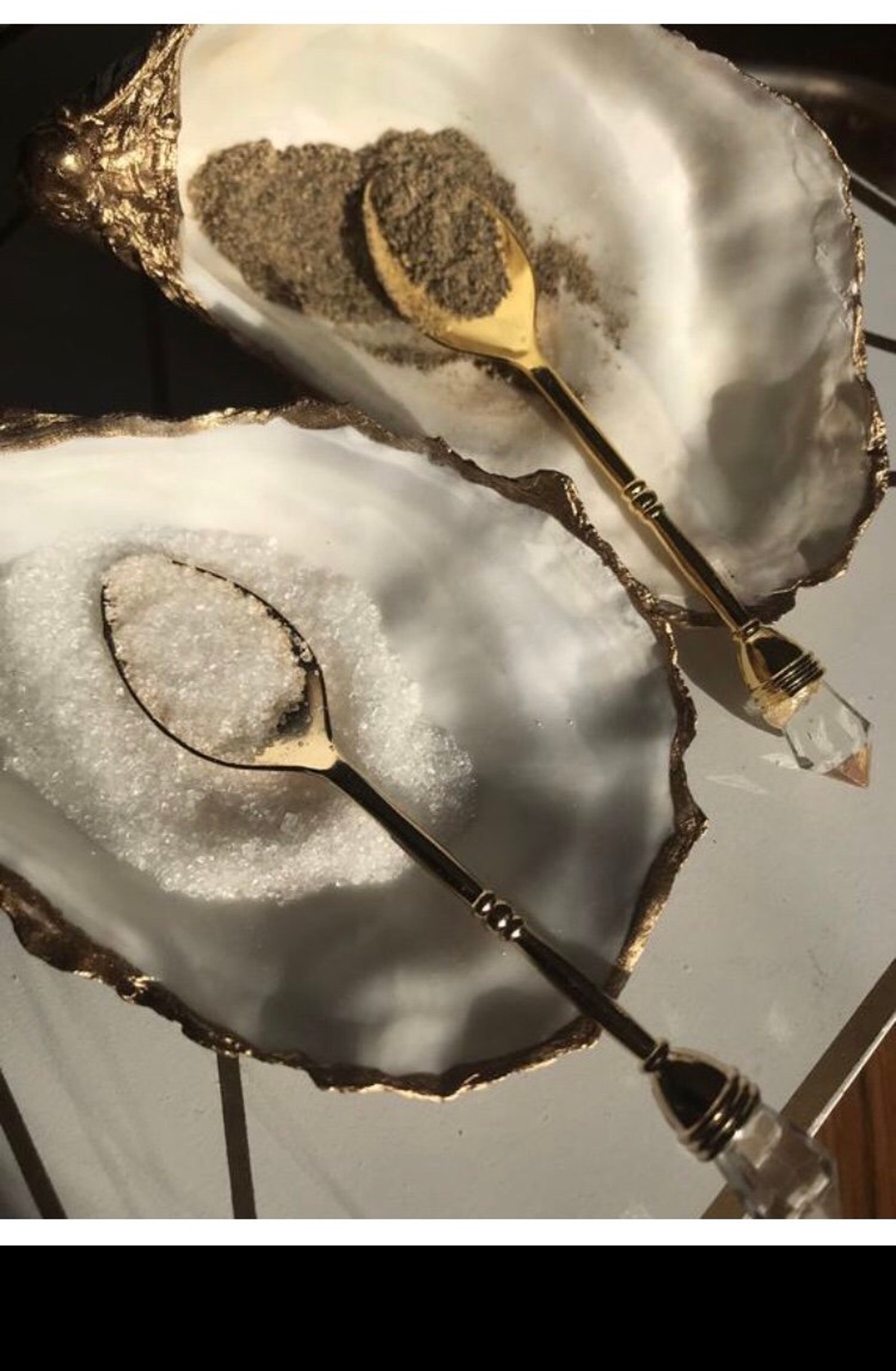 One Oyster Shell Salt or Pepper Dish and Crystal Spoon Hand | Etsy