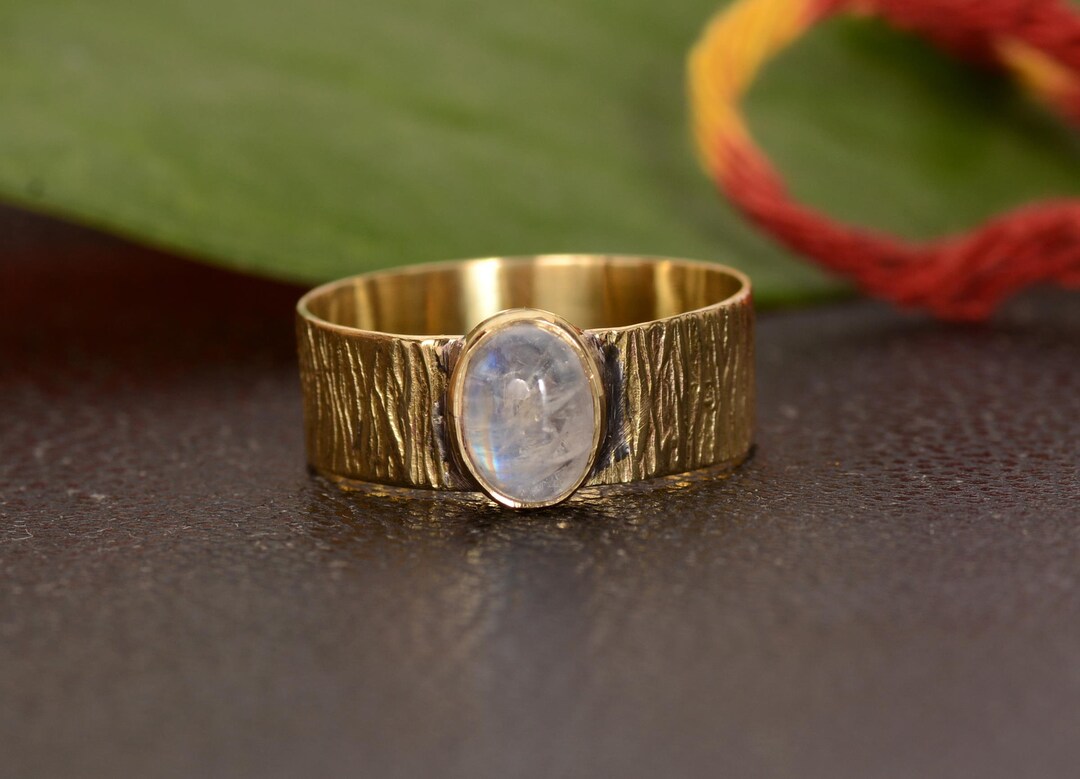 Moonstone Ring, Rustic Wedding Ring, Tree Bark Ring, 18K Gold Ring ...