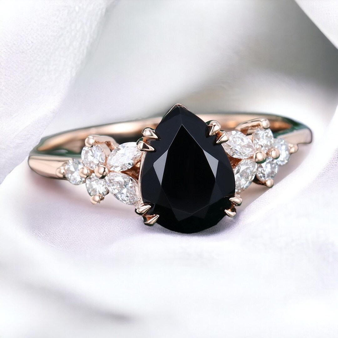 Black Onyx Ring, Lab Created Pear Cut Ring, 925 Sterling Silver Ring ...
