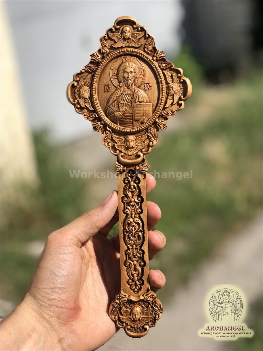 10'' Coptic Hand Blessing Cross Wooden Carved Icon God Almighty Virgin ...