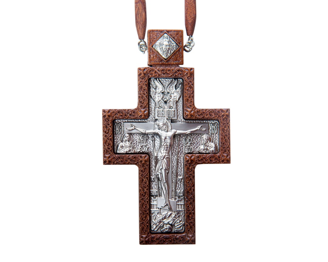 Wood Carved Pectoral Cross: Mahogany & Silver Plated Copper, Religious ...