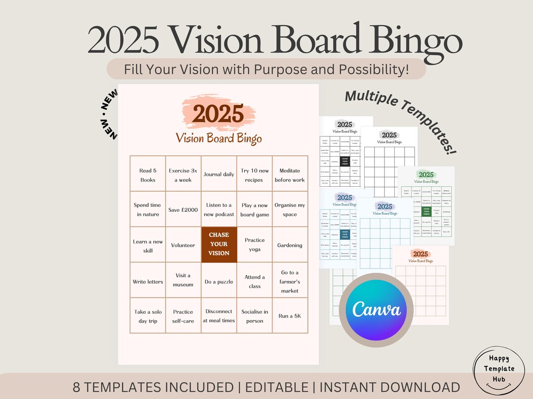2025 Vision Board Bingo Editable, Canva Template Printable, 2025 Bingo ...