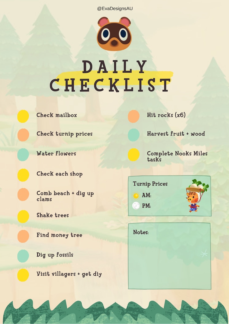 Animal Crossing New Horizons Daily Checklist PDF Digital - Etsy