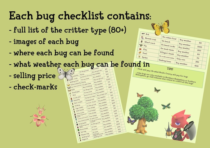 Animal Crossing New Horizons Complete Bug / Critter Checklist Tracker ...