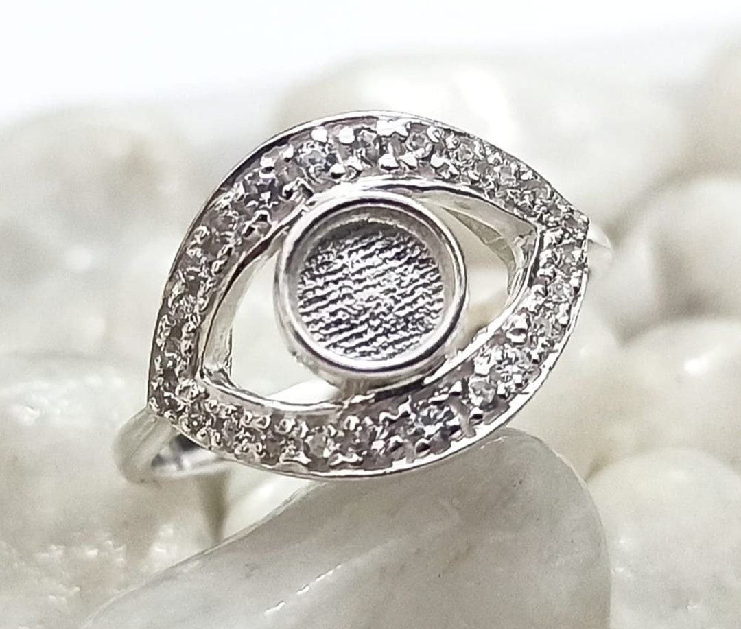 925 Sterling Solid Silver Eye Shape Ring With 5mm Round Blank Bezel and ...