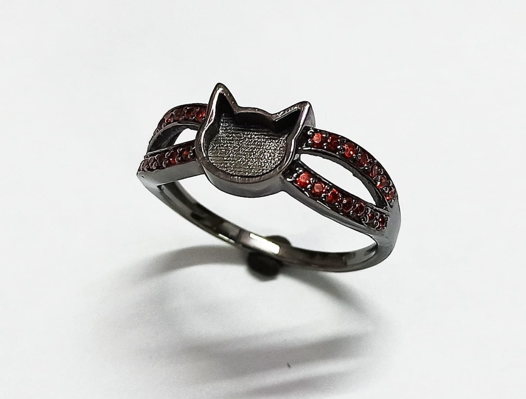 6mm Black Rhodium Cat Face Ring With Zircon on Shank, Good for Ashes ...