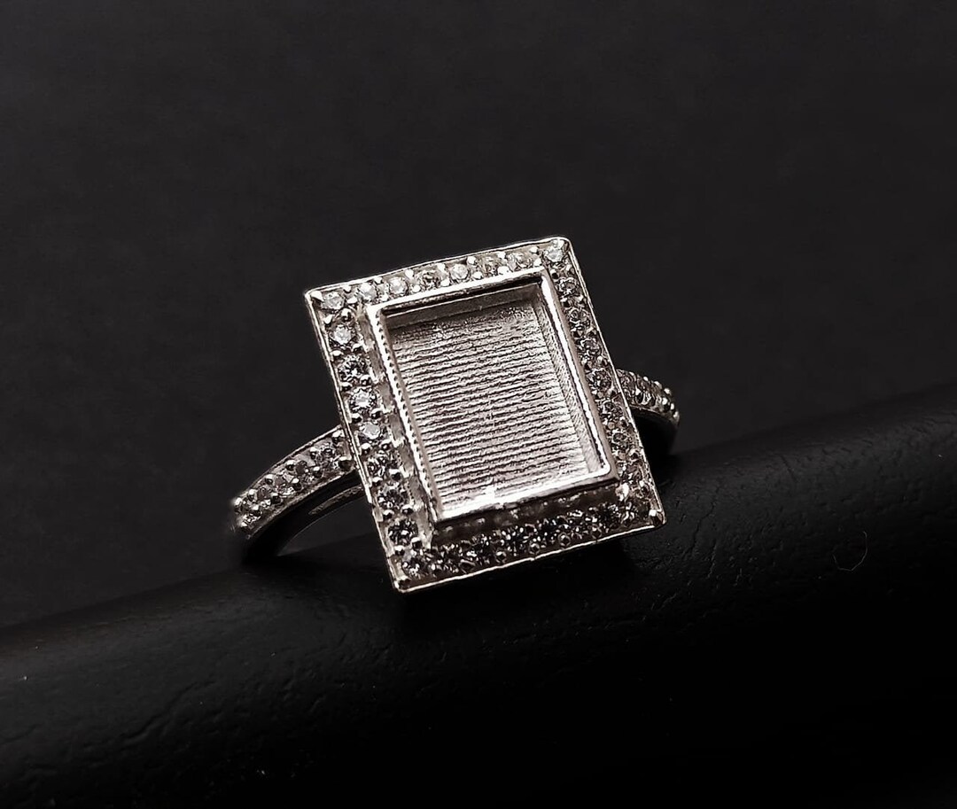Rectangle Shape Blank Bezel Ring Surrounded With Zircon, 925 Sterling ...