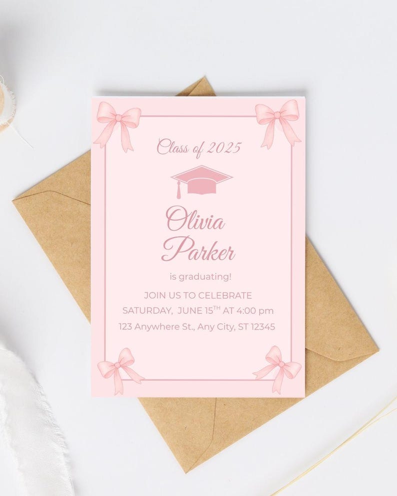 Pink Coquette Bow Graduation Invitation Template | Class of 2025 ...