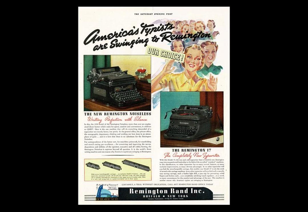 1939 Remington Rand Typewriter Machine Magazine Ad, Vintage Office Wall ...