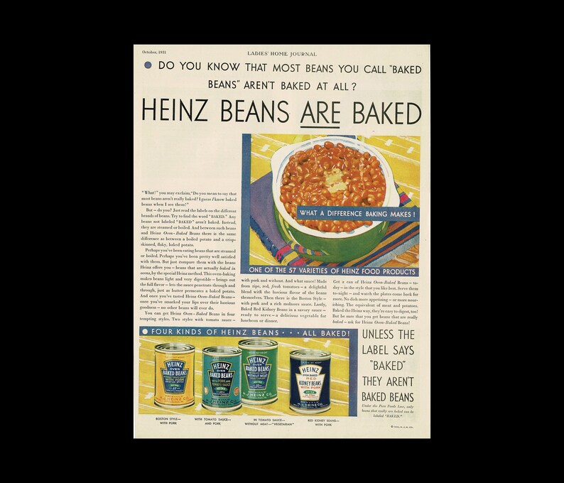 1931 Heinz 57 Oven Baked Beans Magazine Ad - Etsy
