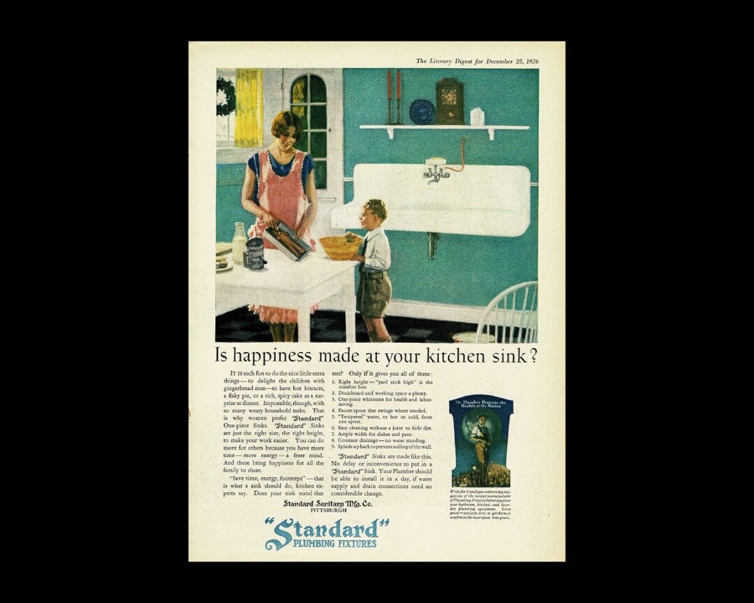 1926 Standard Kitchen Sink Plumbing Magazine Ad - Etsy