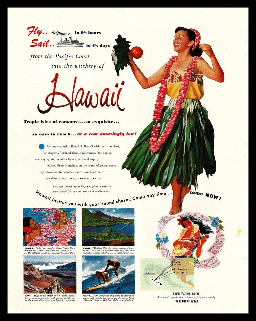 1952 Hawaii Island Beach Retro Travel Magazine Ad, Hula Girl Dancer ...