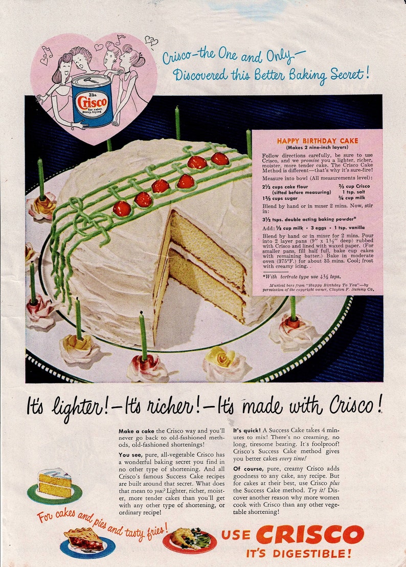 1948 Crisco Happy Birthday Cake Magazine Advertisement, Recipe in Ad - Etsy