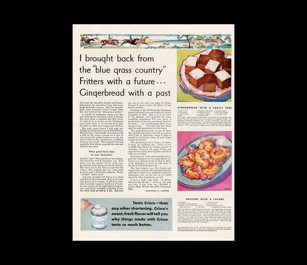 1930 Crisco "blue Grass Country" Magazine Ad, Winifred S. Carter ...