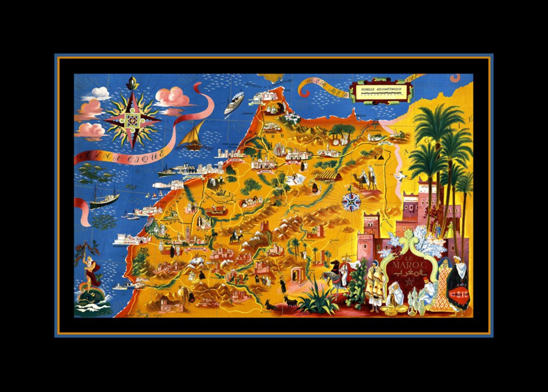 Morocco Map Cartograph Retro Poster Art Print, World Travel Art - Etsy