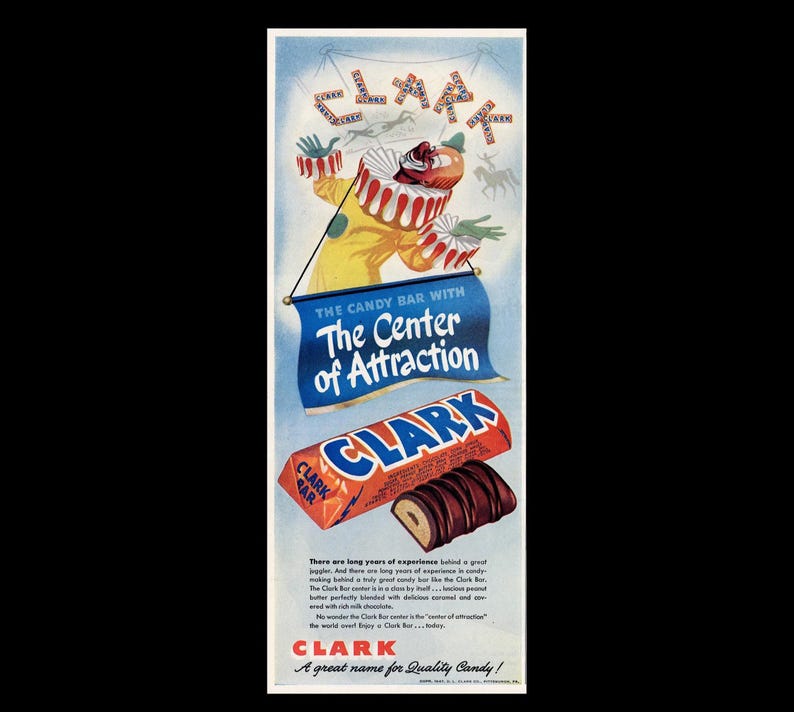 1947 Clark Bar "circus Clown" Candy Bar Magazine Ad, the Center of ...