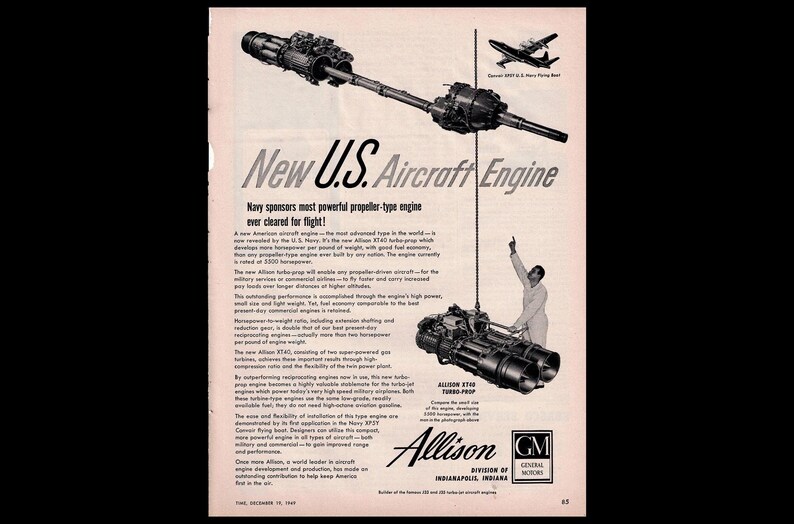 1949 Allison Aircraft Engine XT-40 Turbo-prop Original Magazine Ad - Etsy