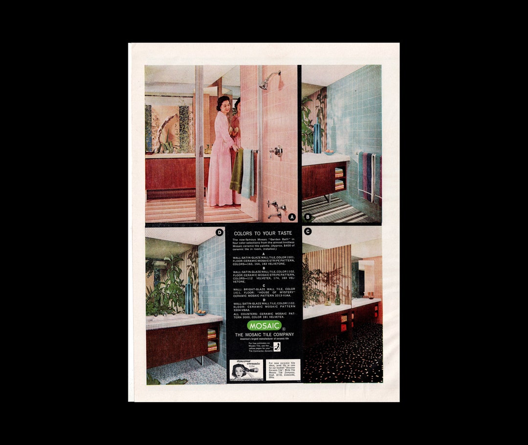 Retro 1960 Mosaic Tile Company Pink/blue Bathroom Plumbing Magazine Ad ...