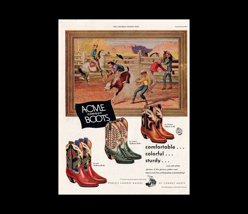 1951 Acme Cowboy Boots Western Decor Magazine Ad - Etsy