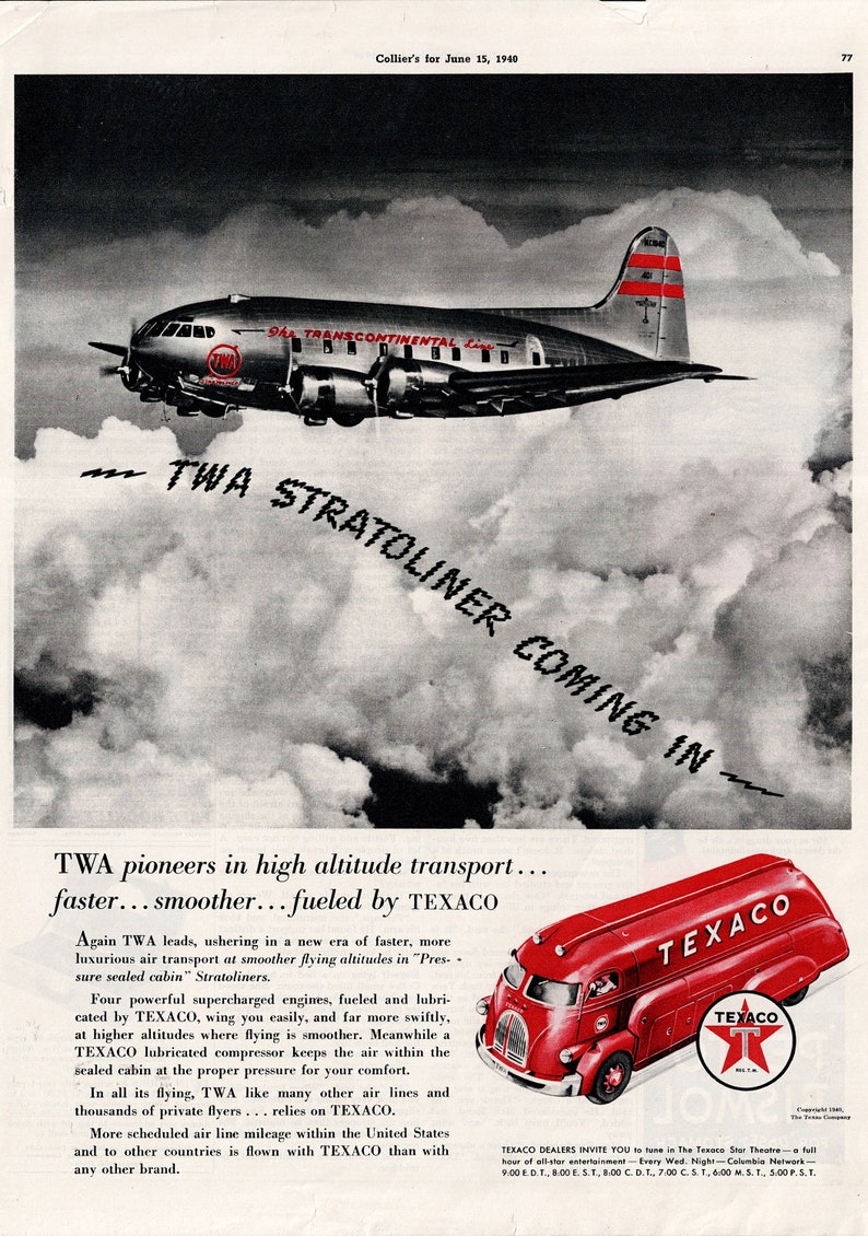 1940 TWA Stratoliner Texaco Airlines Magazine Ad - Etsy