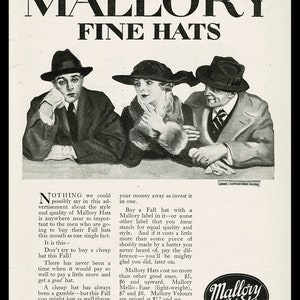 1919 Mallory Fine Hats Mens Fashion RARE Magazine Ad, Artwork by James ...