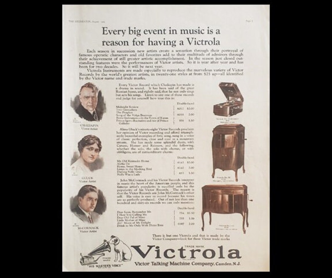 1924 Victor Victrola Talking Machine Magazine Ad, Chaliapin Gluck ...