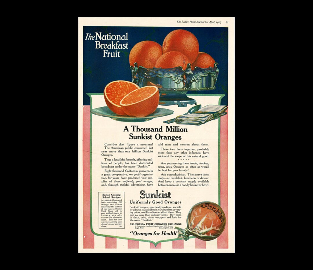 1917 Sunkist Oranges "the National Breakfast Fruit" Magazine Ad - Etsy