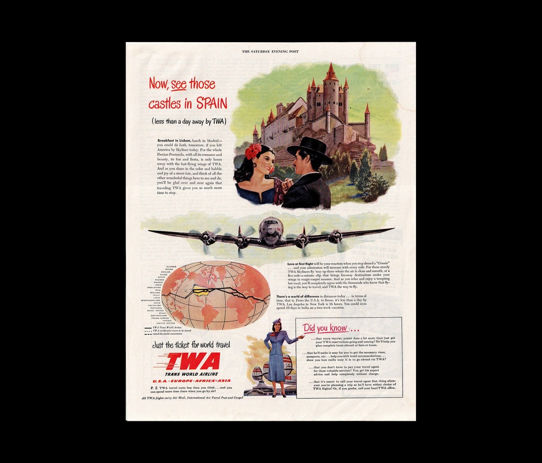 1948 TWA Airlines " Castles of Spain" Magazine Ad - Etsy
