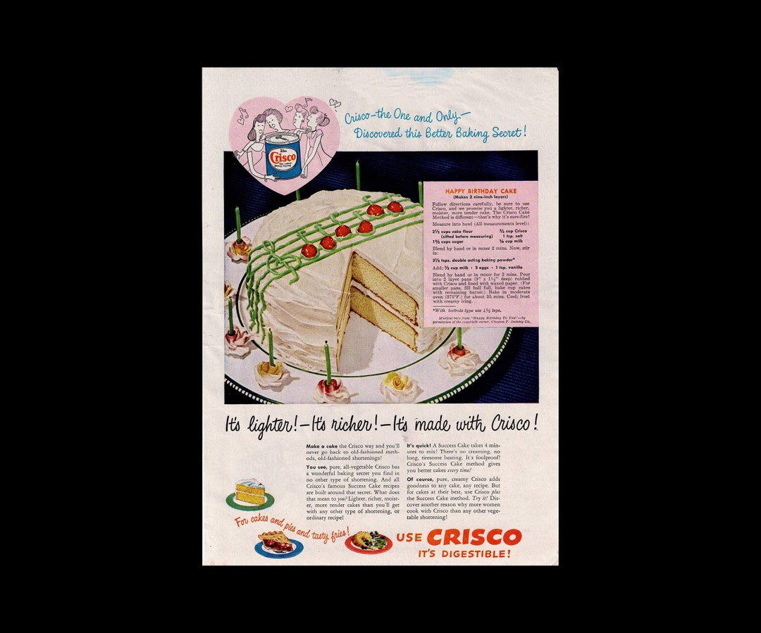 1948 Crisco Happy Birthday Cake Magazine Advertisement, Recipe in Ad - Etsy