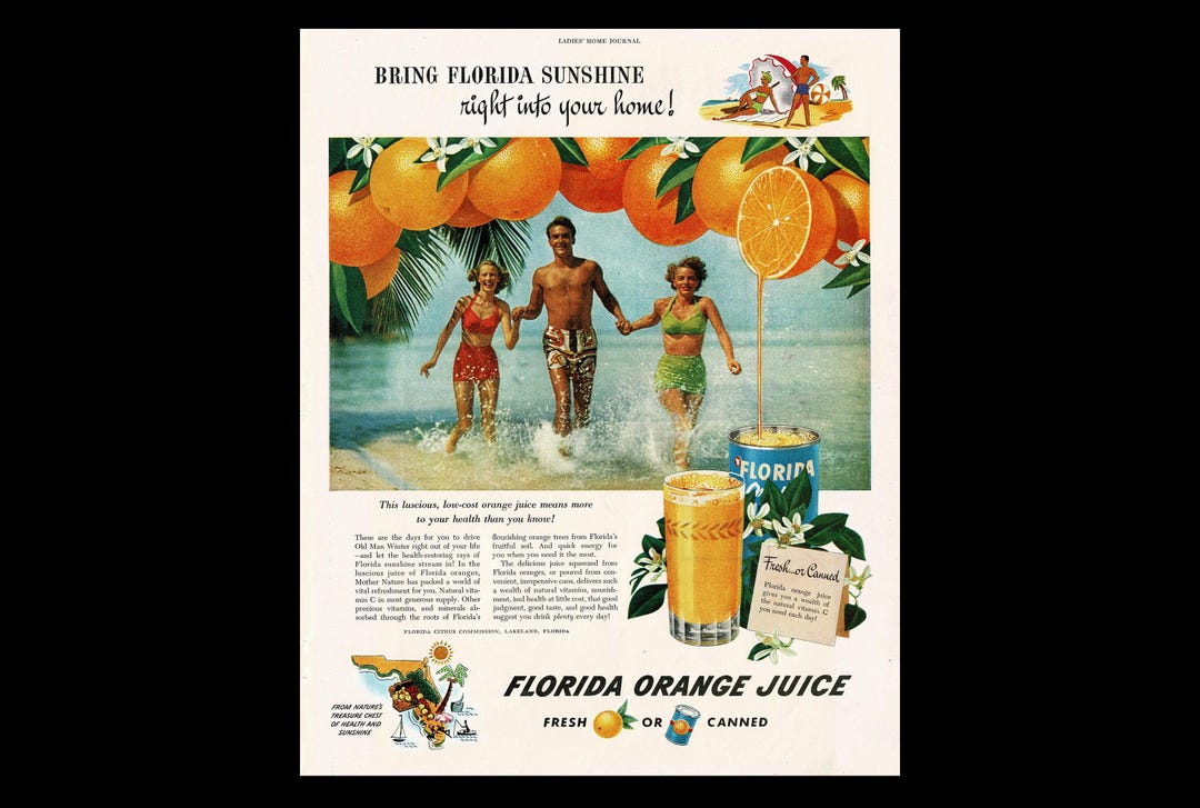 1949 Florida Orange Juice Magazine Ad: Beach Seaside Ocean Decor - Etsy