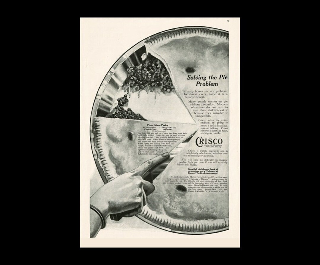 1914 Crisco Shortening pie Magazine Ad, Pastry Recipe in Ad - Etsy