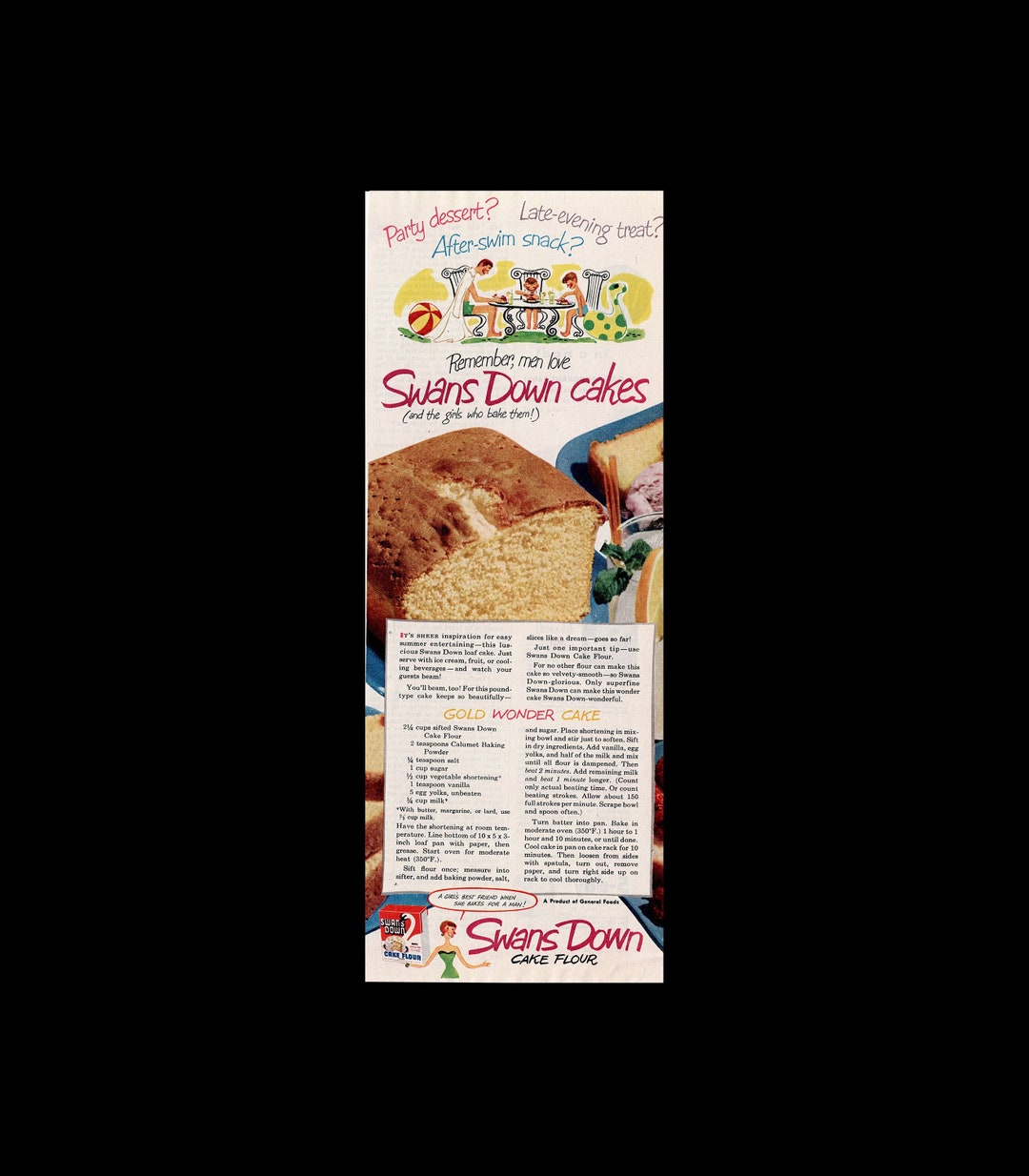 1951 Swan's Down Instant Cake Mix Magazine Ad, Recipe Included in Ad - Etsy