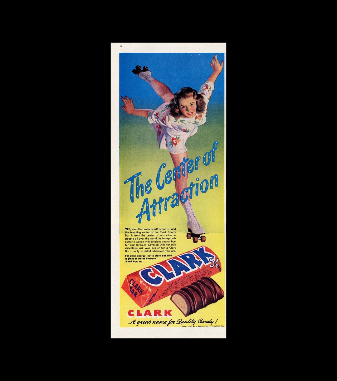 1947 Clark Bar "roller Skating/skater" Candy Bar Magazine Ad, the ...