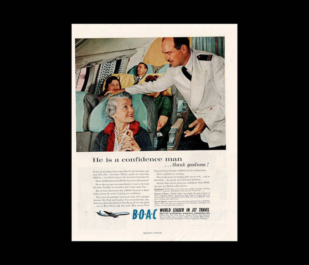 1957 BOAC Airline Travel steward/stewardess Magazine Ad, British ...