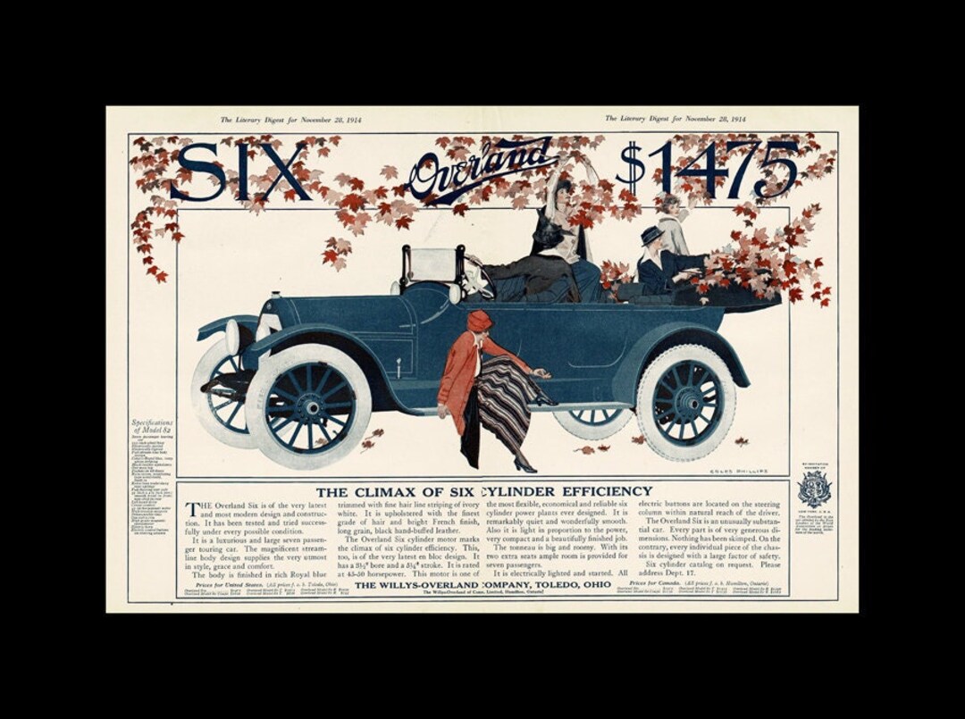 1914 Coles Phillips Overland Six Cylinder RARE Magazine Ad, Antique Car ...