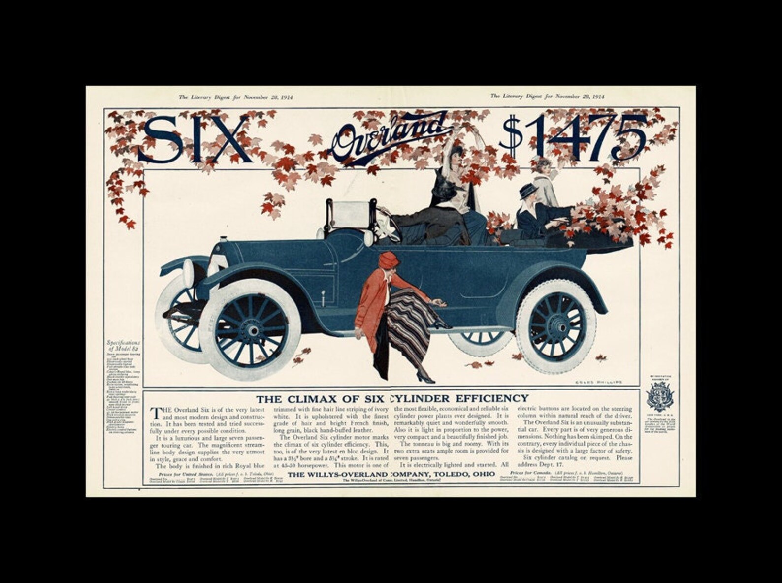 1914 Coles Phillips Overland Six Cylinder RARE Magazine Ad, Antique Car ...