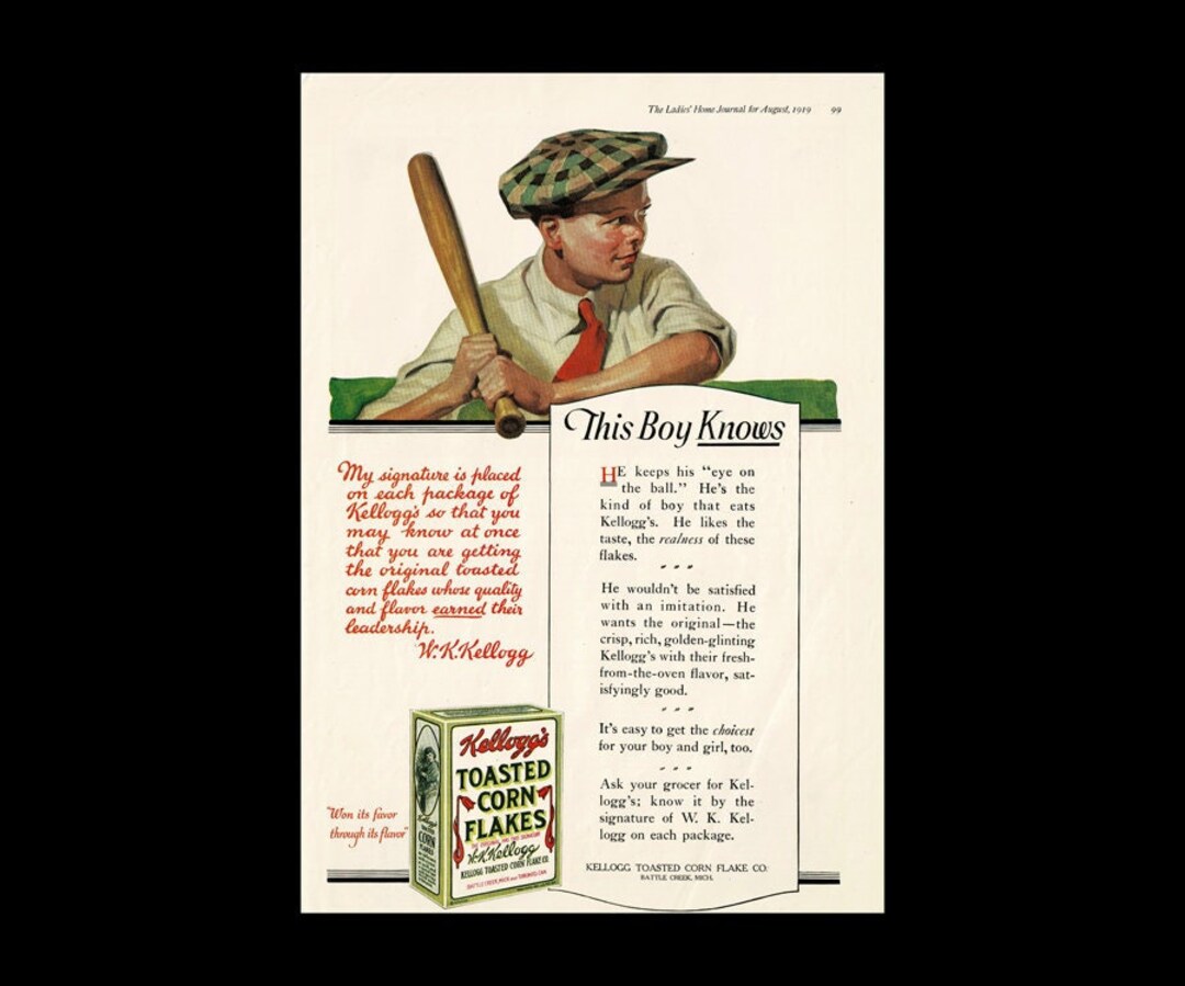 1919 Kellogg's Toasted Corn Flakes "baseball" Magazine Ad - Etsy
