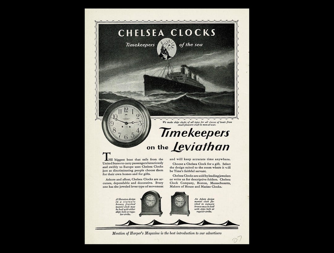 1927 Chelsea Clocks "timekeepers of the Leviathan" Magazine Ad: Sea ...
